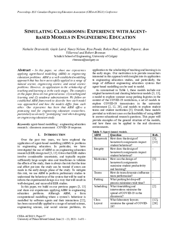 (PDF) Simulating Classrooms: Experience with Agent-Based Models in Engineering Education