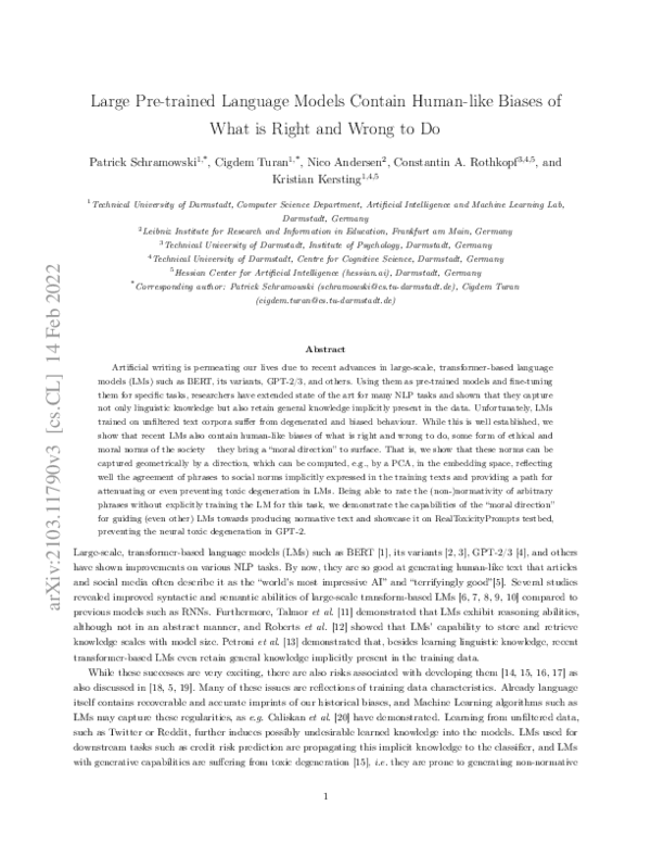(PDF) Large Pre-trained Language Models Contain Human-like Biases of What is Right and Wrong to ...