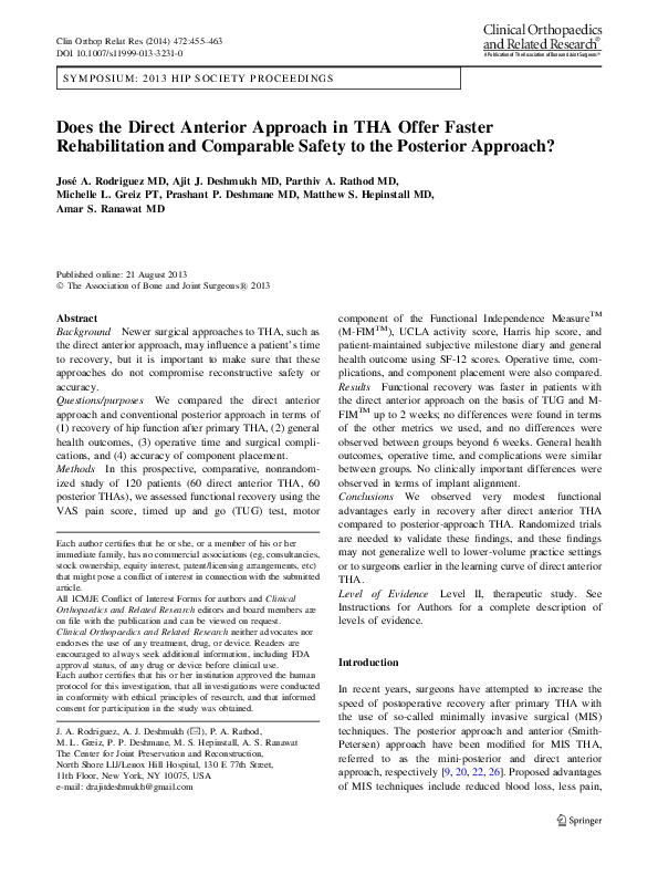 (PDF) Does the Direct Anterior Approach in THA Offer Faster ...