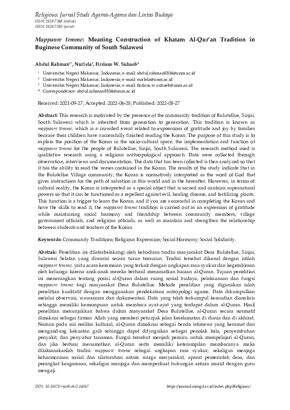 (PDF) Mappanre temme: Meaning Construction of Khatam Al-Qur’an ...