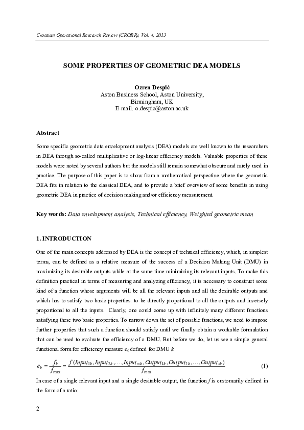 (PDF) Some Properties of Geometric Dea Models