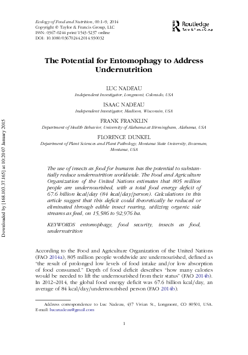 (PDF) The Potential for Entomophagy to Address Undernutrition