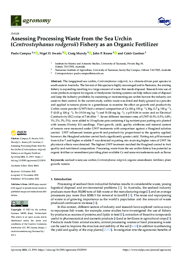 (PDF) Assessing Processing Waste from the Sea Urchin (Centrostephanus ...