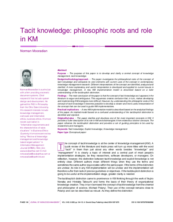 (PDF) Tacit knowledge: philosophic roots and role in KM