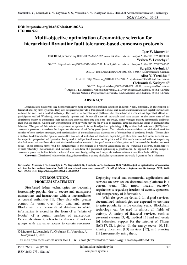 (PDF) Multi-objective optimization of committee selection for hierarchical Byzantine fault ...