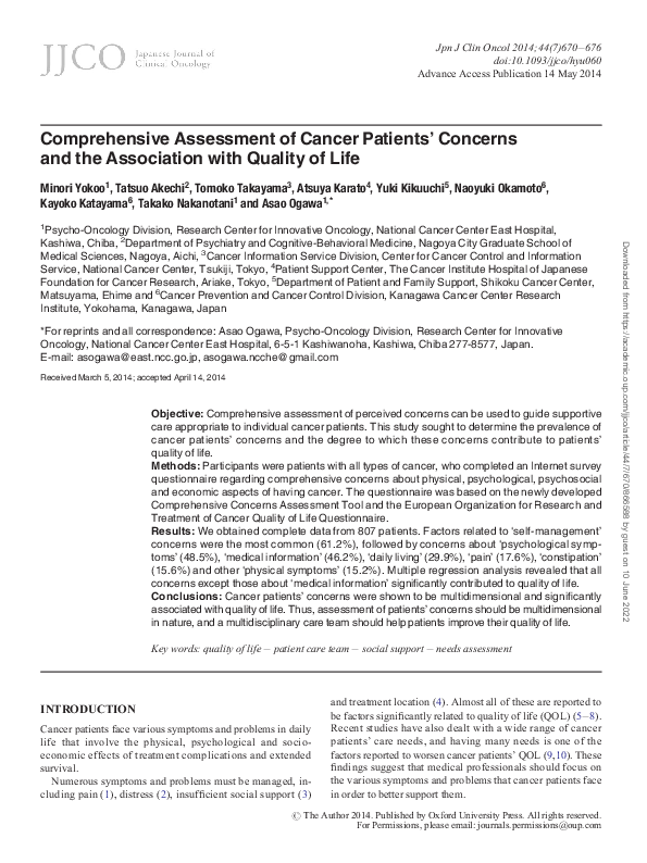 (PDF) Comprehensive assessment of cancer patients' concerns and the association with quality of life