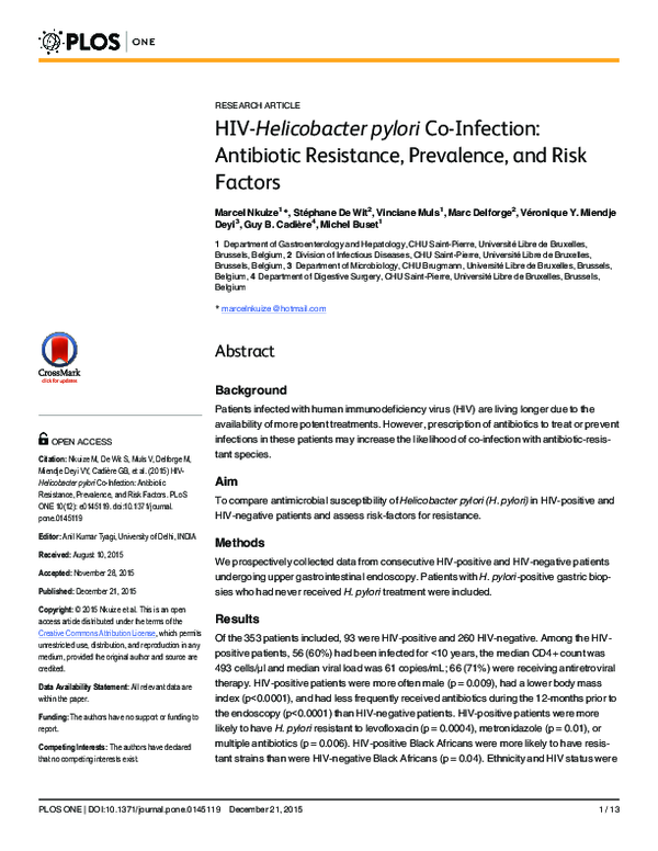 (PDF) HIV-Helicobacter pylori Co-Infection: Antibiotic Resistance, Prevalence, and Risk Factors