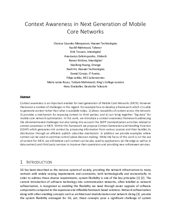(PDF) Context Awareness in Next Generation of Mobile Core Networks