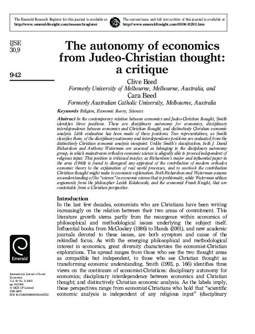 (PDF) The autonomy of economics from Judeo‐Christian thought: a critique