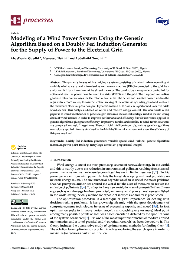(PDF) Modeling of a Wind Power System Using the Genetic Algorithm Based on a Doubly Fed ...