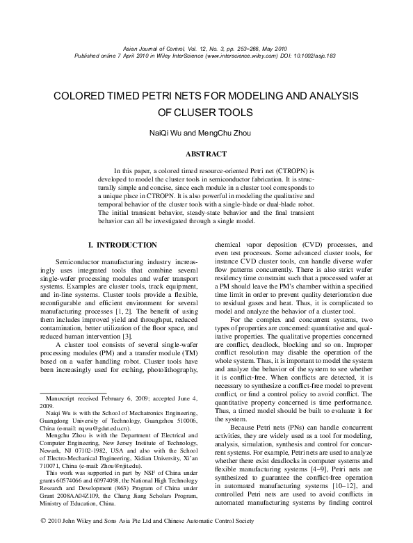 (PDF) Colored timed Petri nets for modeling and analysis of cluser tools
