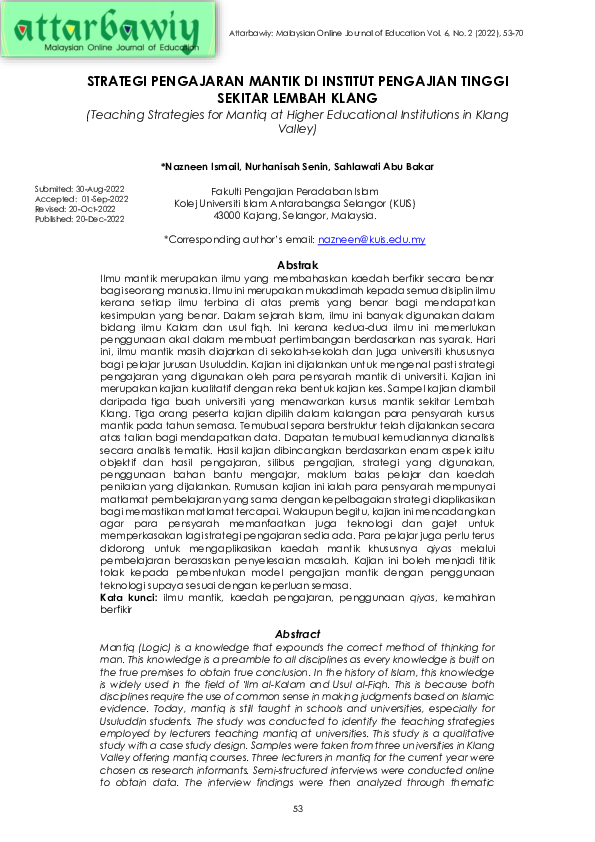 (PDF) Strategi pengajaran mantik di institusi pengajian tinggi sekitar Lembah Klang
