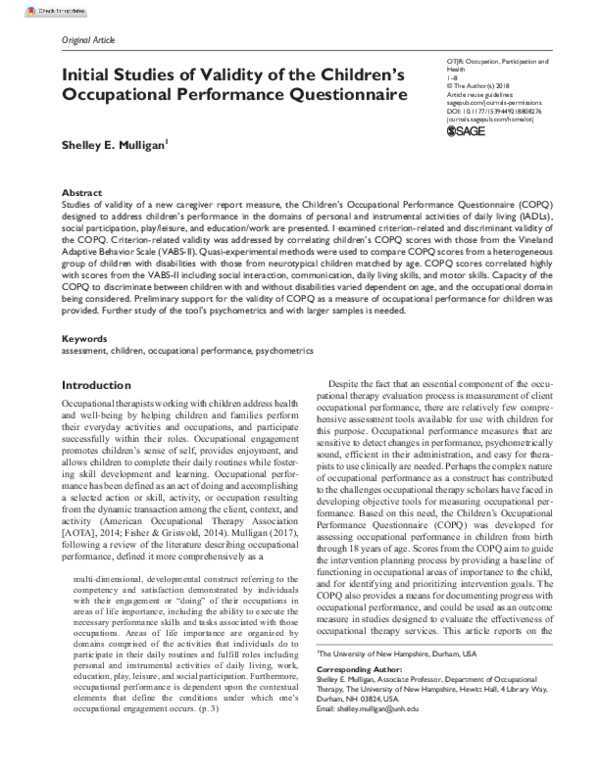 (PDF) Initial Studies of Validity of the Children’s Occupational ...
