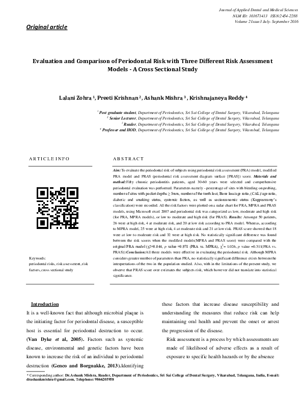 (PDF) Evaluation and Comparison of Periodontal Risk with Three ...