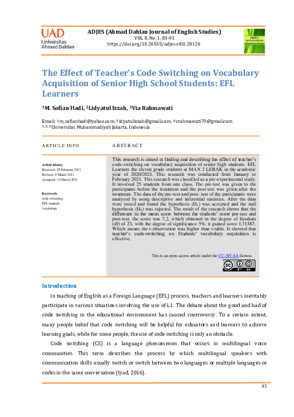 (PDF) The Effect of Teacher’s Code Switching on Vocabulary Acquisition of Senior High School ...