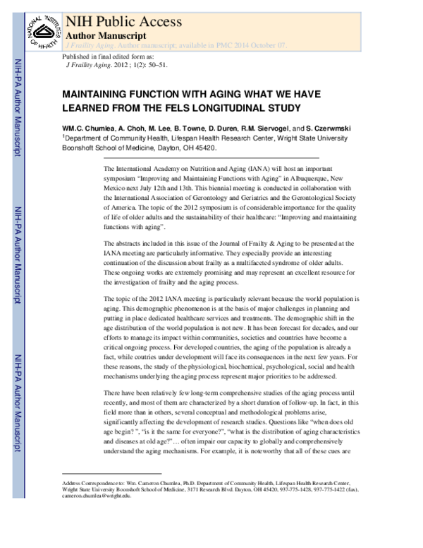 (PDF) Maintaining Function with Aging What We Have Learned from the ...