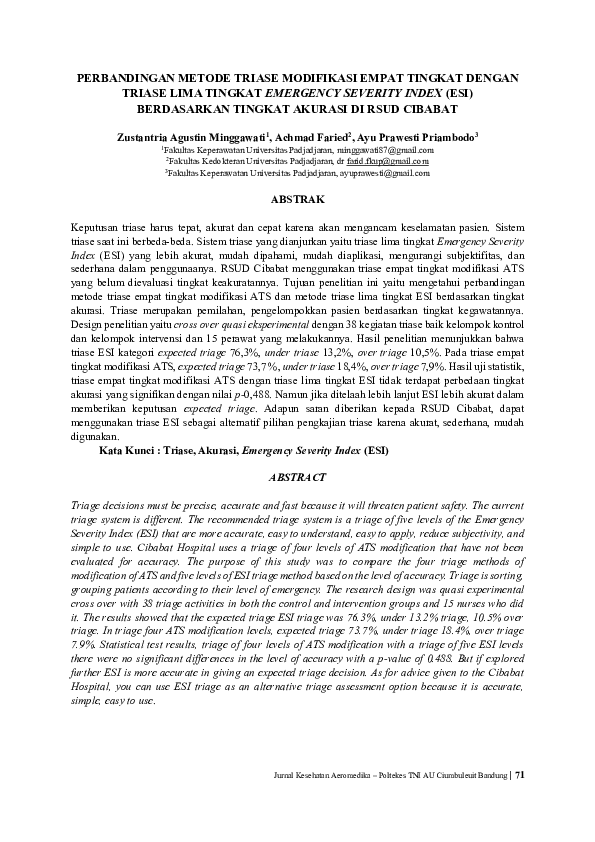 (PDF) Perbandingan Metode Triase Modifikasi Empat Tingkat Dengan Triase Lima Tingkat Emergency ...
