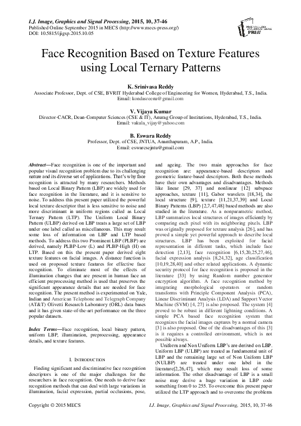 (PDF) Face Recognition Based on Texture Features using Local Ternary Patterns