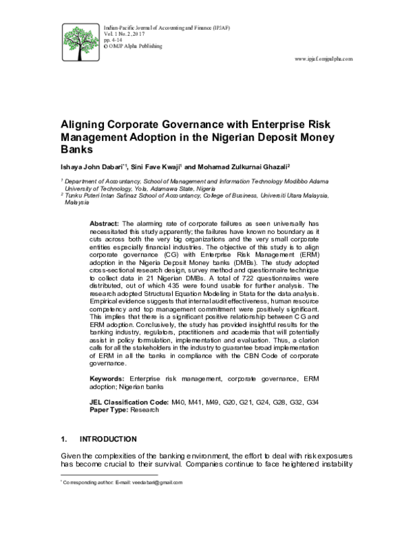 (PDF) Aligning Corporate Governance with Enterprise Risk Management Adoption in the Nigerian ...