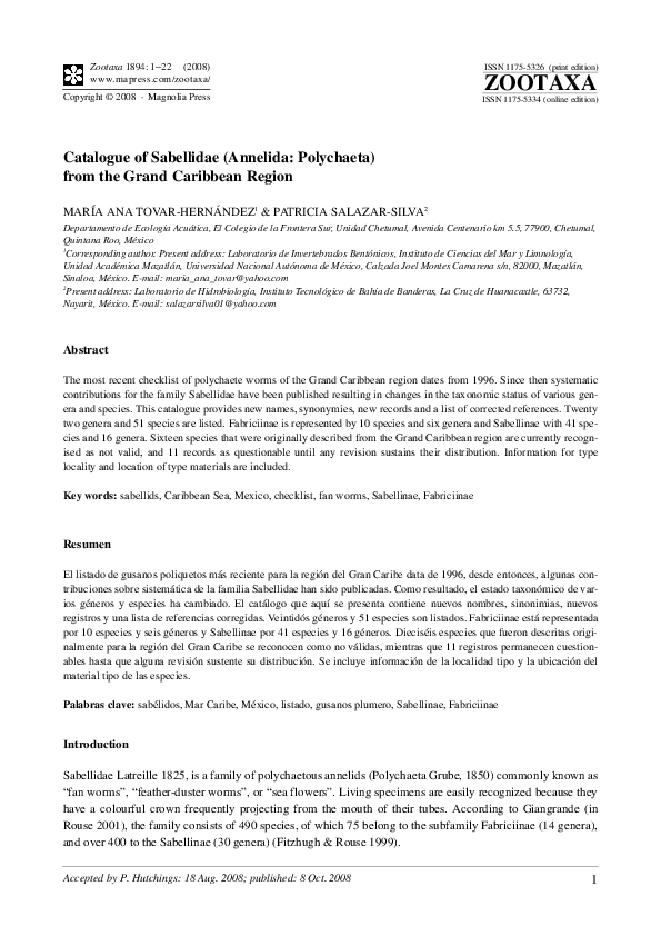 (PDF) Catalogue of Sabellidae (Annelida: Polychaeta) from the Grand ...
