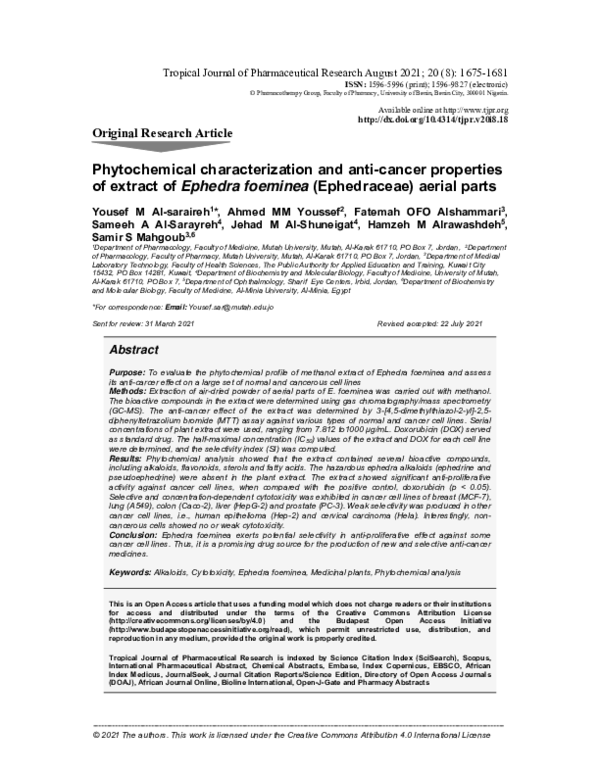 (PDF) Phytochemical characterization and anti-cancer properties of extract of Ephedra foeminea ...