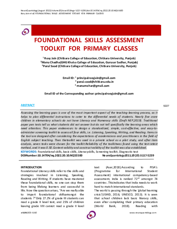 (PDF) Foundational Skills Assessment Toolkit for Primary Classes