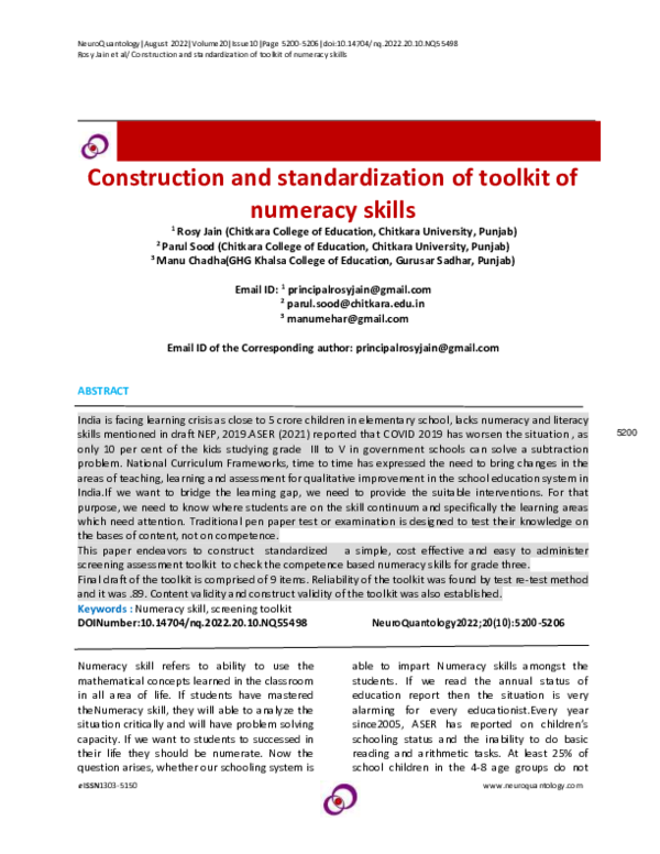 (PDF) Construction and standardization of toolkit of numeracy skills