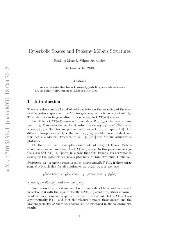 (PDF) Hyperbolic Spaces and Ptolemy Moebius Structures