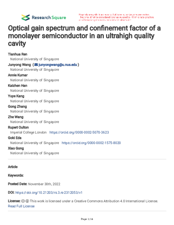 (PDF) Optical gain spectrum and confinement factor of a monolayer semiconductor in an ultrahigh ...