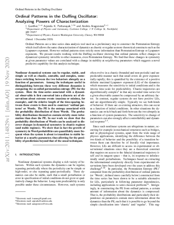 (PDF) Ordinal patterns in the Duffing oscillator: Analyzing powers of characterization | Andres ...