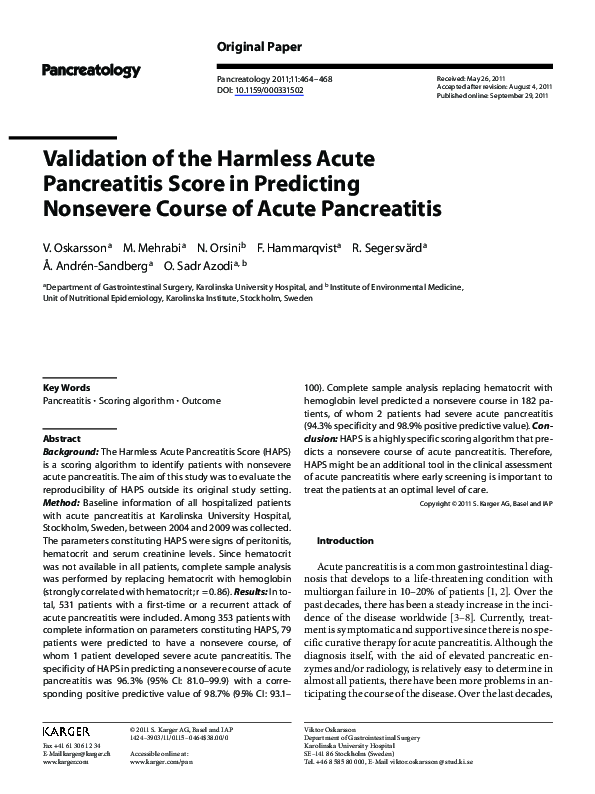(PDF) Validation of the Harmless Acute Pancreatitis Score in Predicting ...