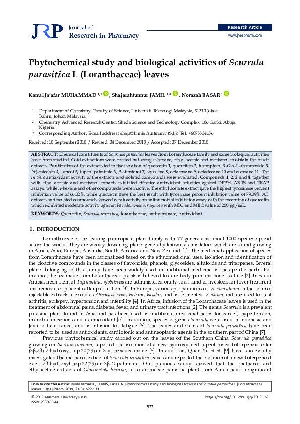 (PDF) Phytochemical study and biological activities of Scurrula parasitica L (Loranthaceae) leaves