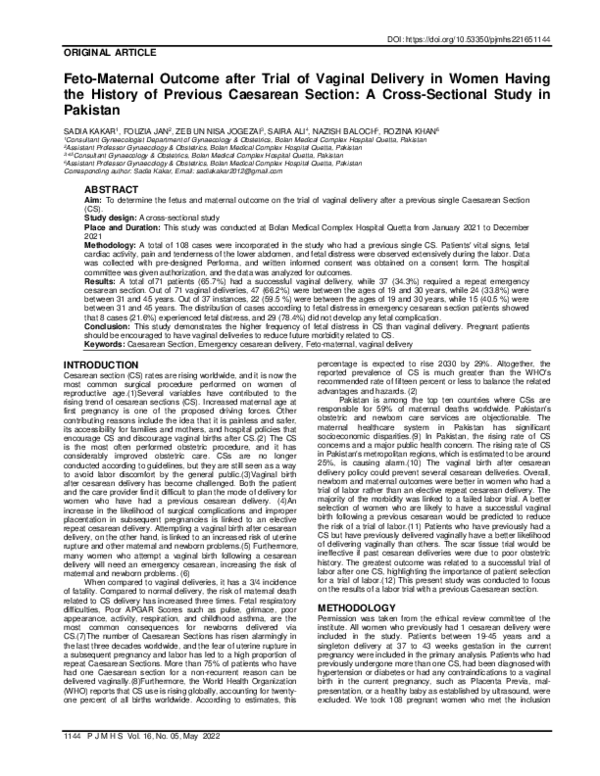 (PDF) Feto-Maternal Outcome after Trial of Vaginal Delivery in Women ...