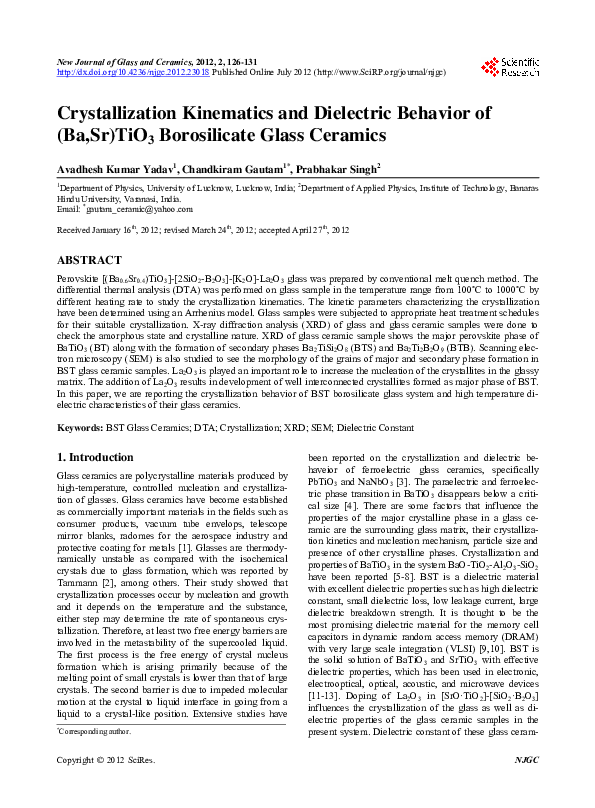 (PDF) Crystallization Kinematics and Dielectric Behavior of (Ba,Sr)TiO3 Borosilicate Glass Ceramics