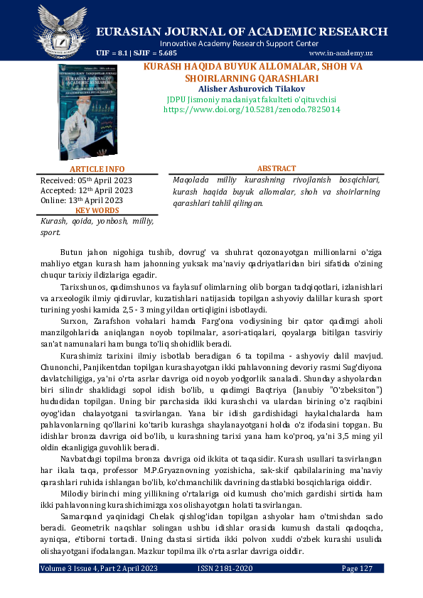 (PDF) Kurash Haqida Buyuk Allomalar, Shoh Va Shoirlarning Qarashlari