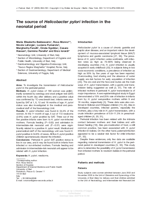 (PDF) The source of Helicobacter pylori infection in the neonatal period