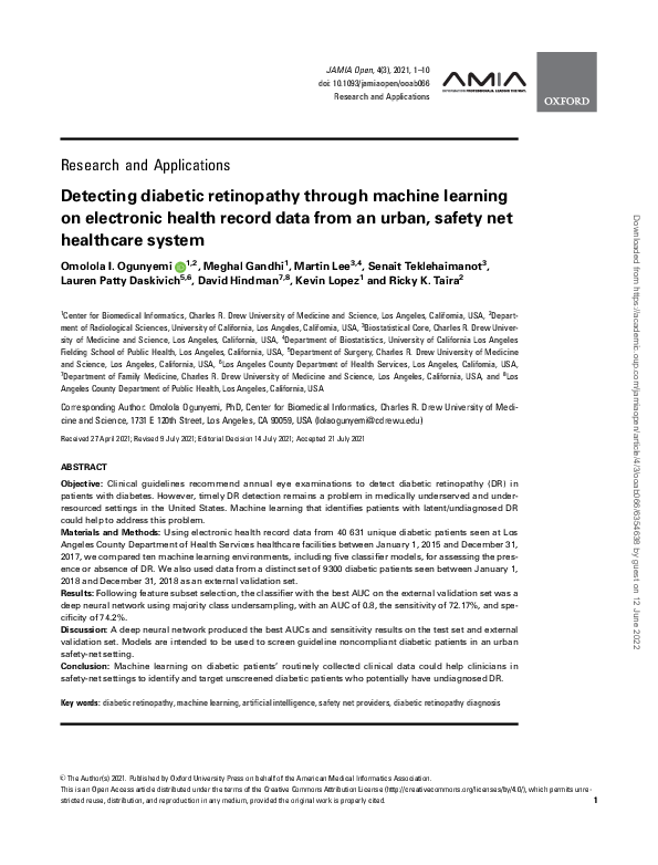 (PDF) Detecting diabetic retinopathy through machine learning on electronic health record data ...