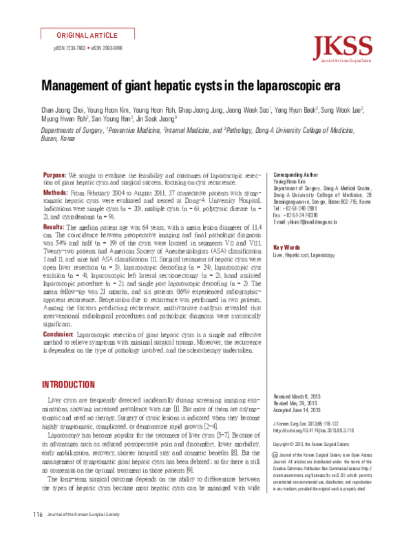 (PDF) Management of giant hepatic cysts in the laparoscopic era