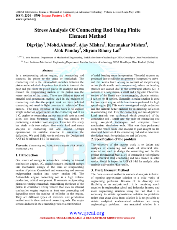 Pdf Stress Analysis Of Connecting Rod Using Finite Element Method