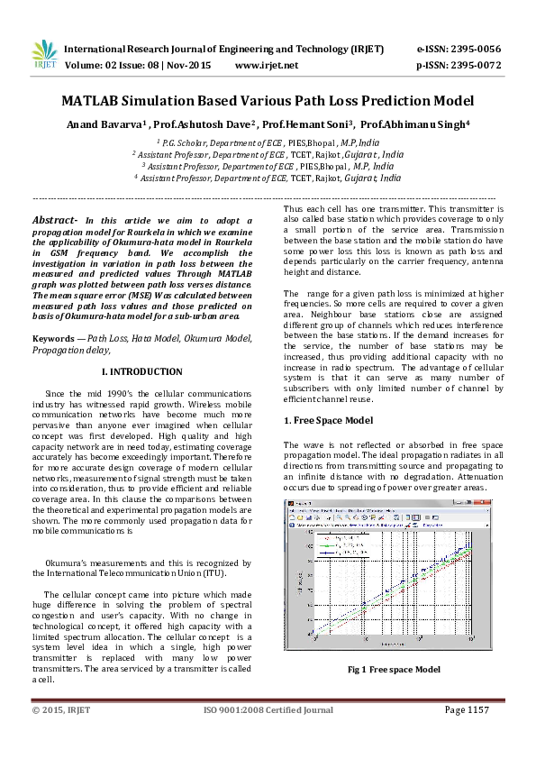 (PDF) MATLAB Simulation Based Various Path Loss Prediction Model