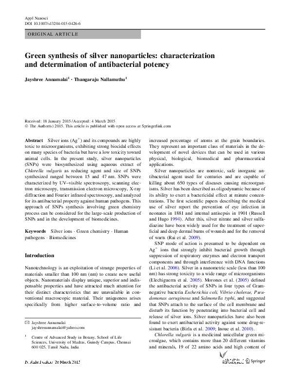 (PDF) Green synthesis of silver nanoparticles, characterization and their biological efficacy