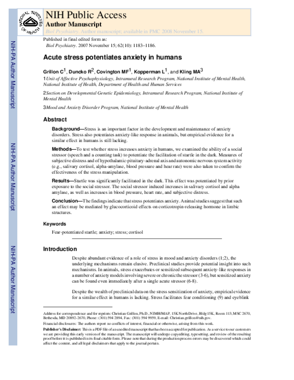 (PDF) Acute Stress Potentiates Anxiety in Humans | Roman Duncko ...