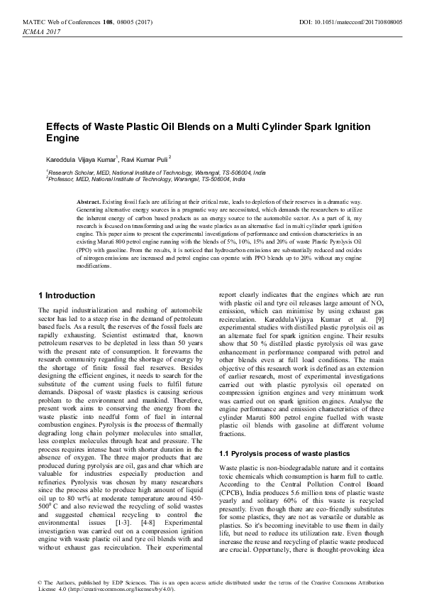 (PDF) Effects of Waste Plastic Oil Blends on a Multi Cylinder Spark ...