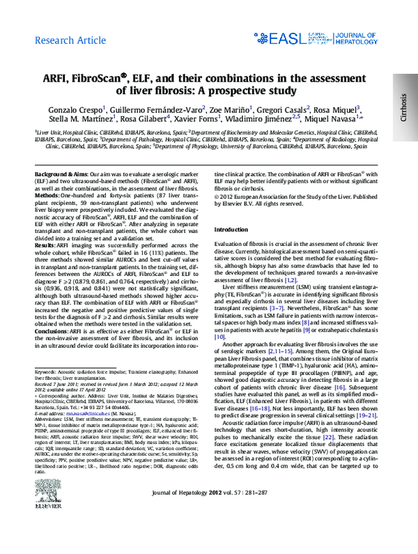 (PDF) ARFI, FibroScan®, ELF, and their combinations in the assessment of liver fibrosis: A ...