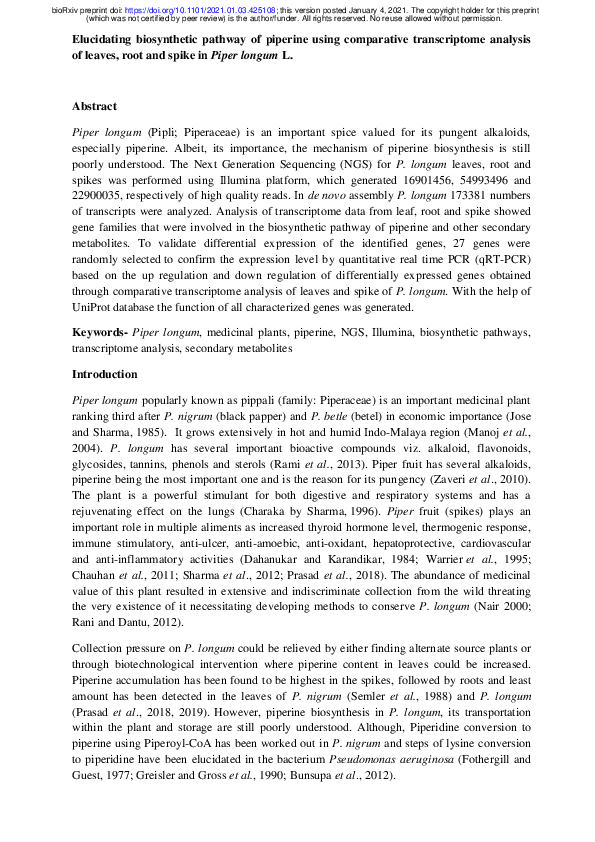 (PDF) Elucidating biosynthetic pathway of piperine using comparative ...
