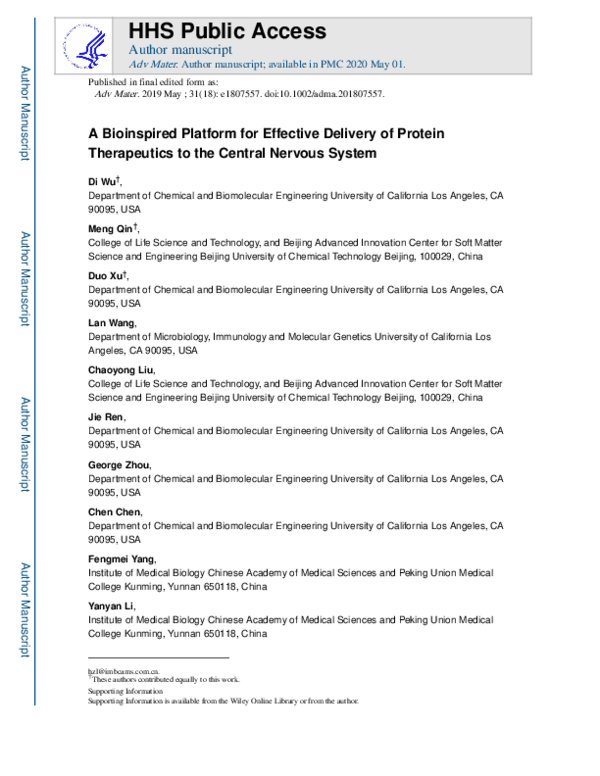 (PDF) A Bioinspired Platform for Effective Delivery of Protein Therapeutics to the Central ...