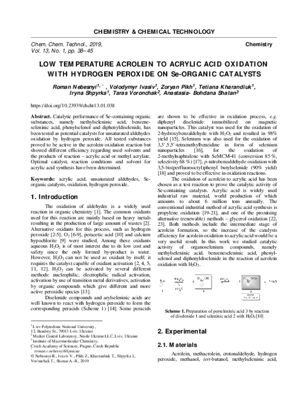 (PDF) Low Temperature Acrolein to Acrylic Acid Oxidation with Hydrogen ...