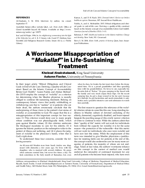 (PDF) A Worrisome Misappropriation of “Mukallaf”in Life-Sustaining ...