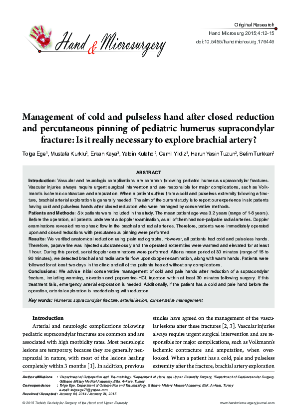 (PDF) Management of cold and pulseless hand after closed reduction and ...