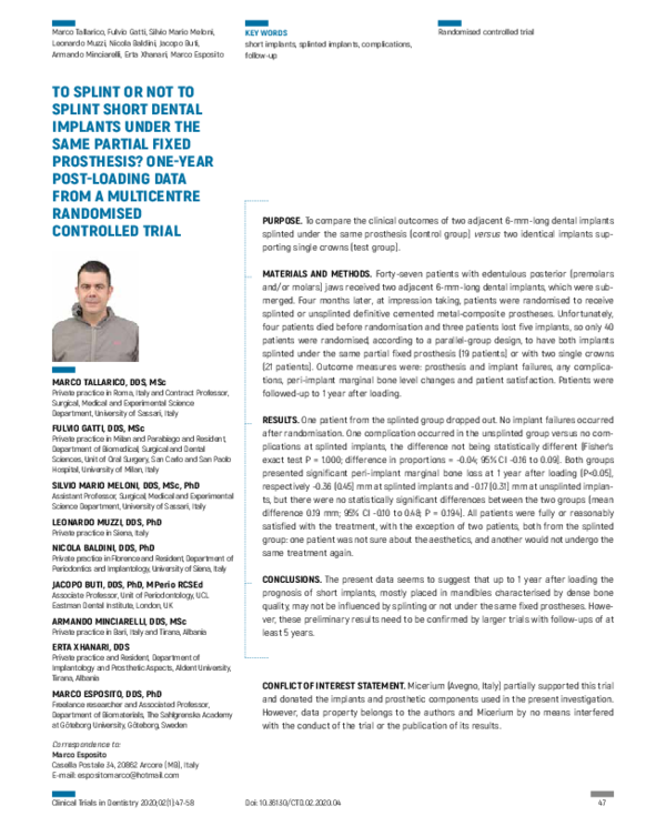 (PDF) To Splint or Not to Splint Short Dental Implants Under the Same ...